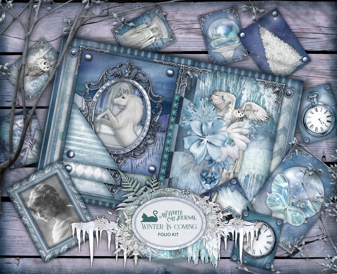 Junk Journal, Winter, Neutral Blue, Folio Kit, Printable, Xmas, Folding ...