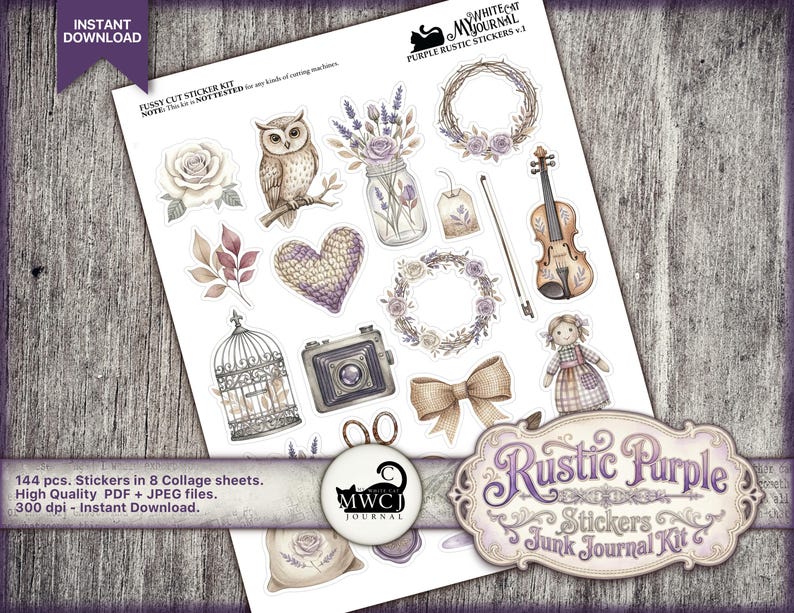 Purple Junk Journal Stickers | Printable Vintage Ephemera Kit | Collage ...