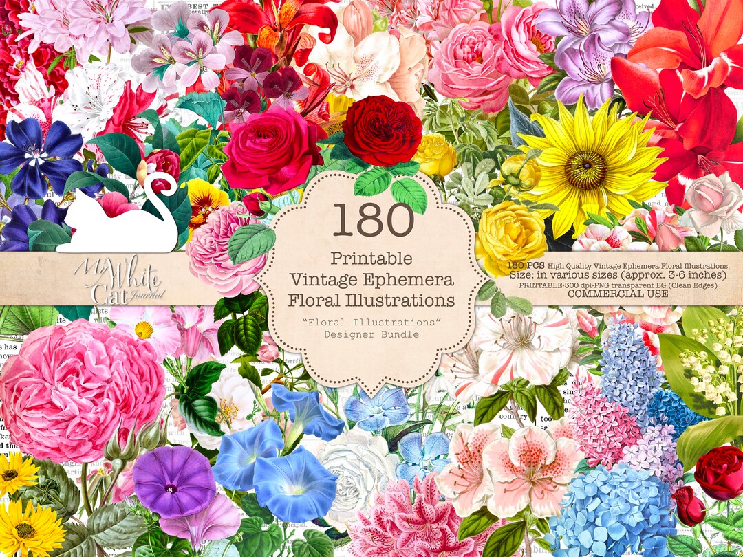 Junk Journal, Floral Clipart, Graphics Bundle, Vintage, Ephemera ...
