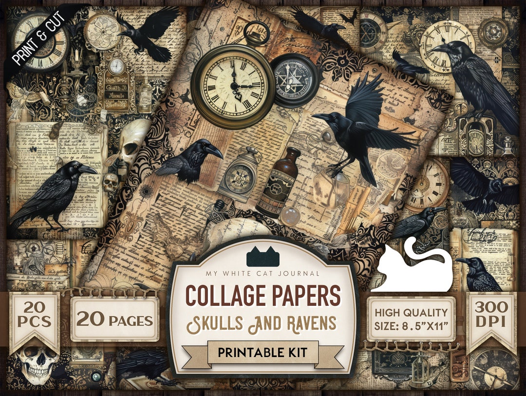 Junk Journal, Skulls and Ravens, Collage Paper, Gothic, Printable ...
