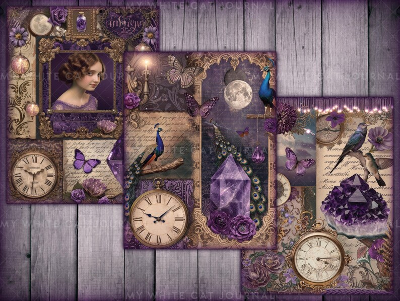 Purple Junk Journal Collage Paper: Amethyst Crystals Ephemera (digital ...