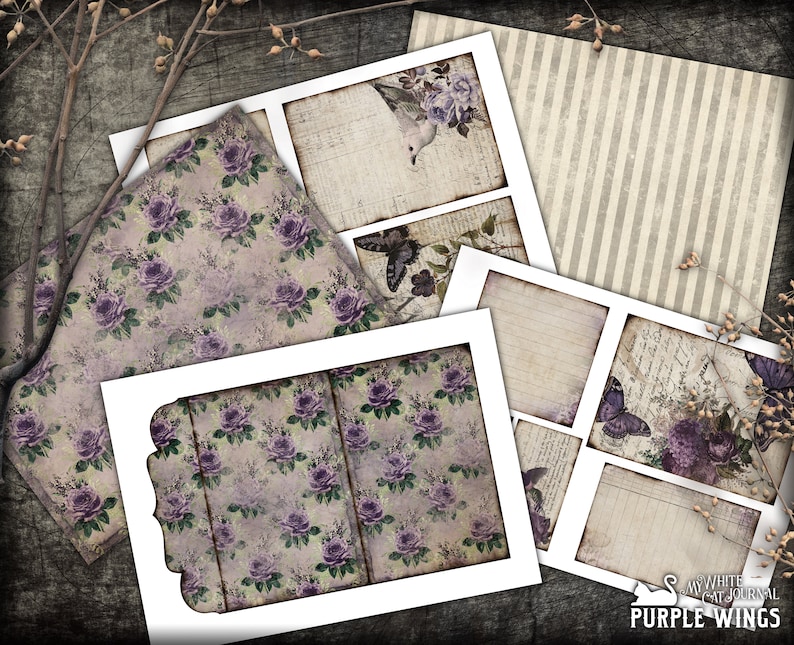 Junk Journal Kit, Purple Butterfly, Floral, Bird, Ephemera, Printable ...