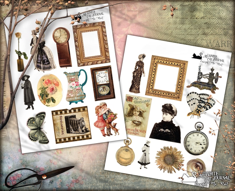 Vintage Junk Journal Stickers | Printable Ephemera Kit | Frames, Dolls ...