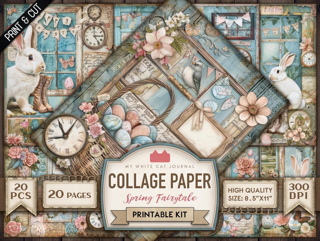 Junk Journal, Collage Paper, Spring Fairytale, Blue, Easter Bunny ...