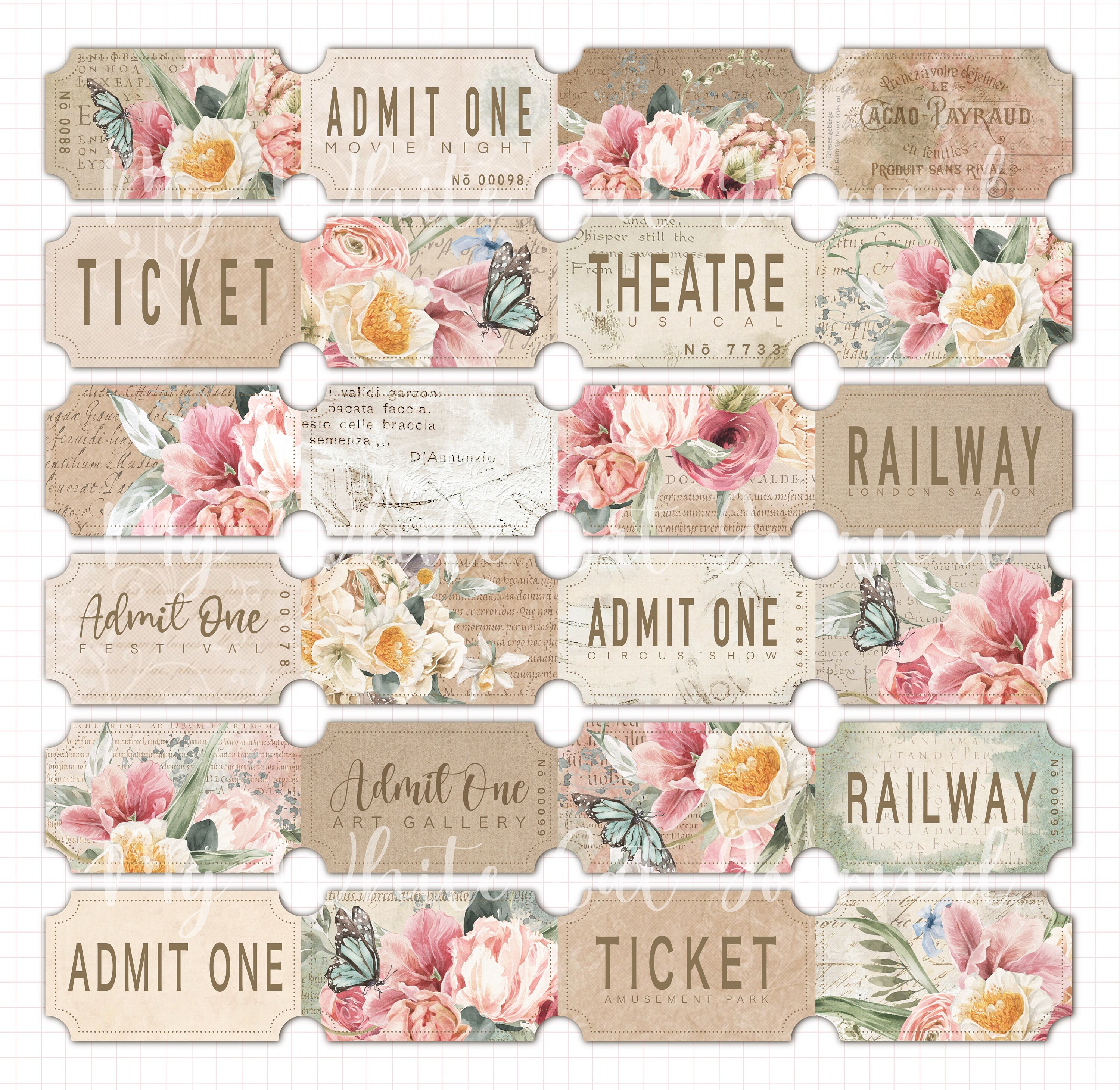 Junk Journal, Printable Ticket, Shabby Pink Floral, Card, Collage ...