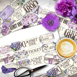 Junk Journal, Purple Floral Ticket, Shabby Chic, Printable, Faux ...