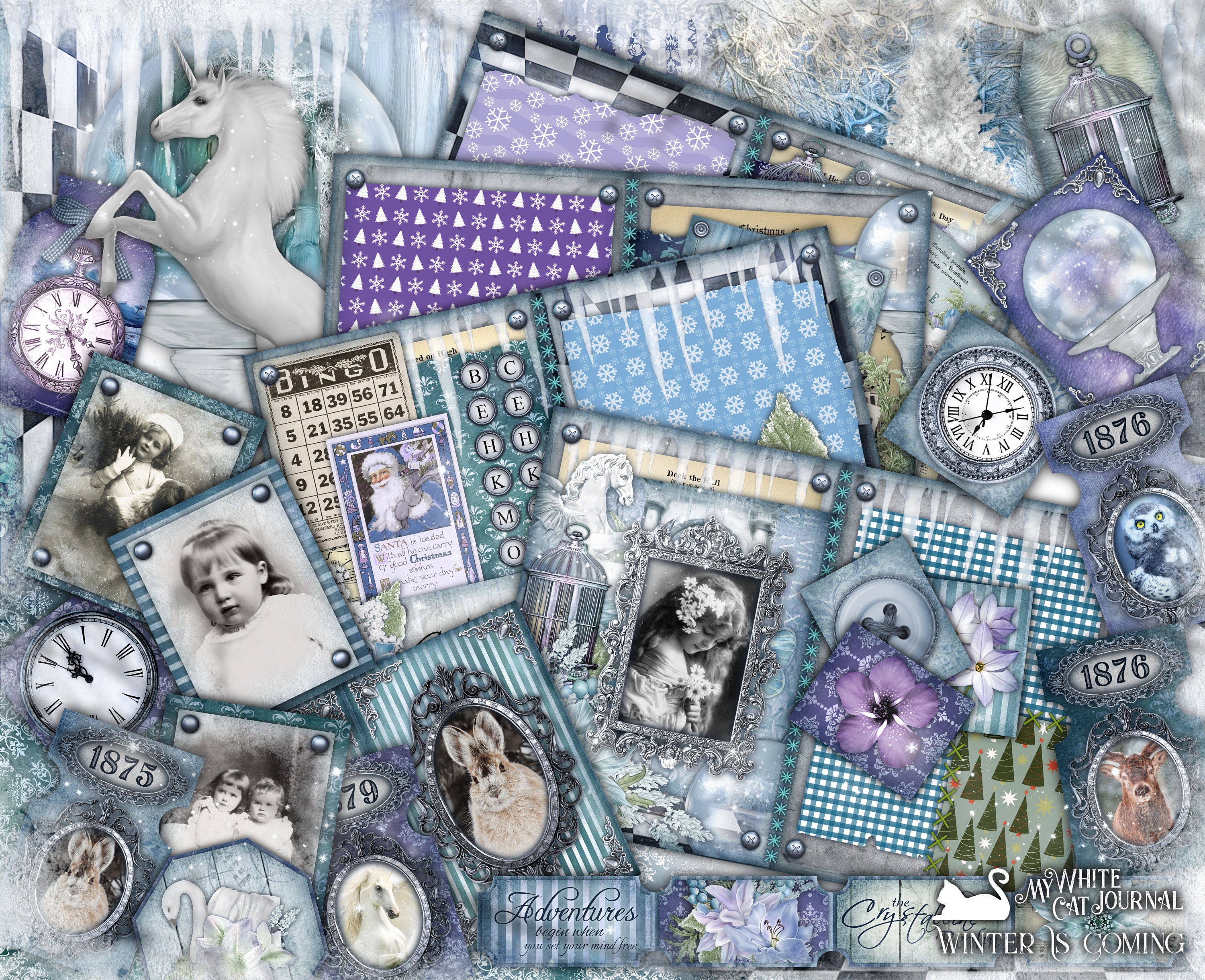 Junk Journal, Winter, Neutral Blue, Junk Journal Kit, Printable, Xmas ...