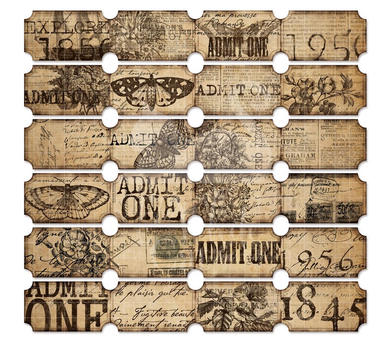 Junk Journal, Faux Ticket, Monochrome, Printable, Vintage, Ephemera ...