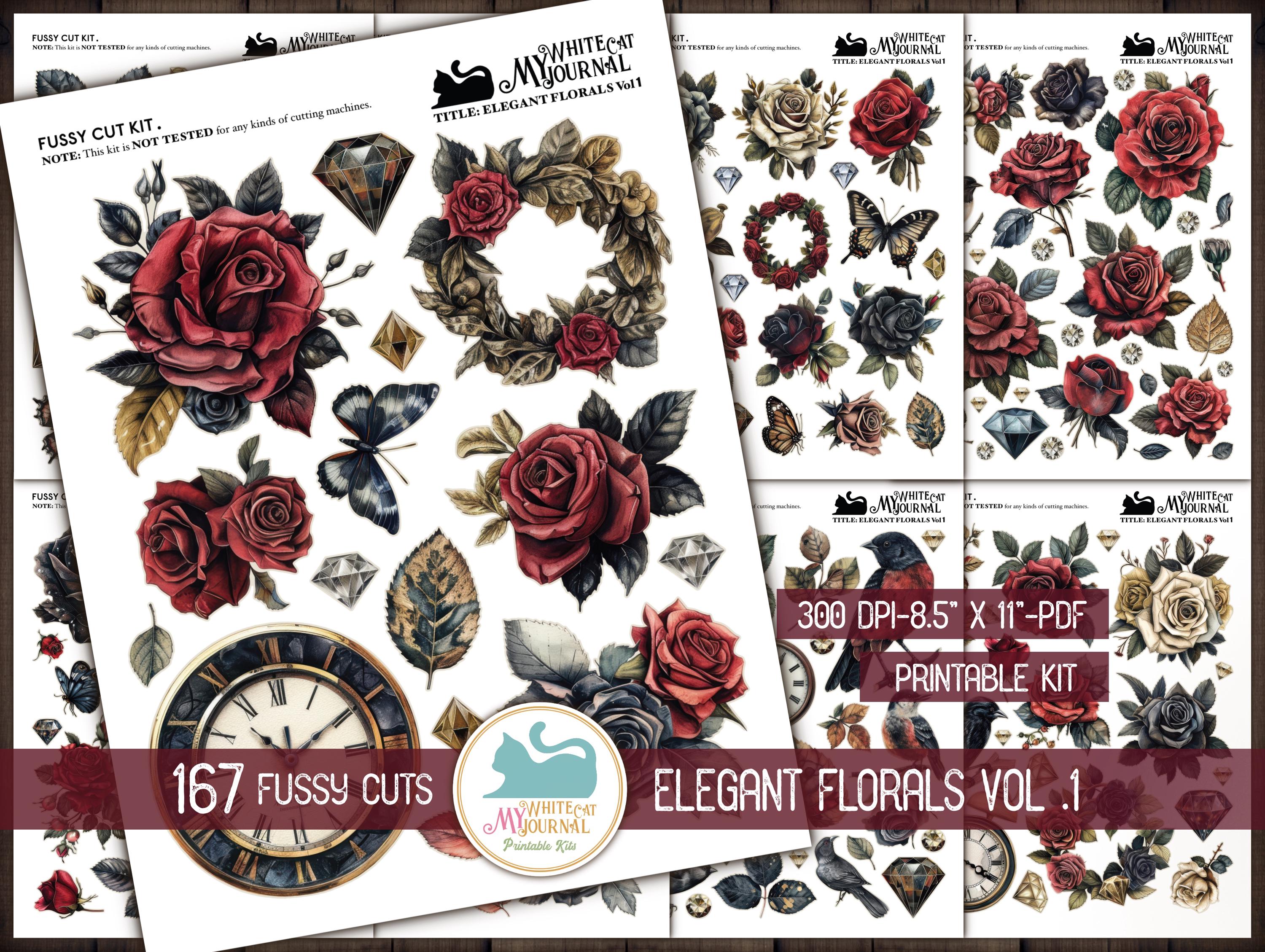 Printable Floral Stickers | Vintage Roses, Birds & Clocks | Junk ...