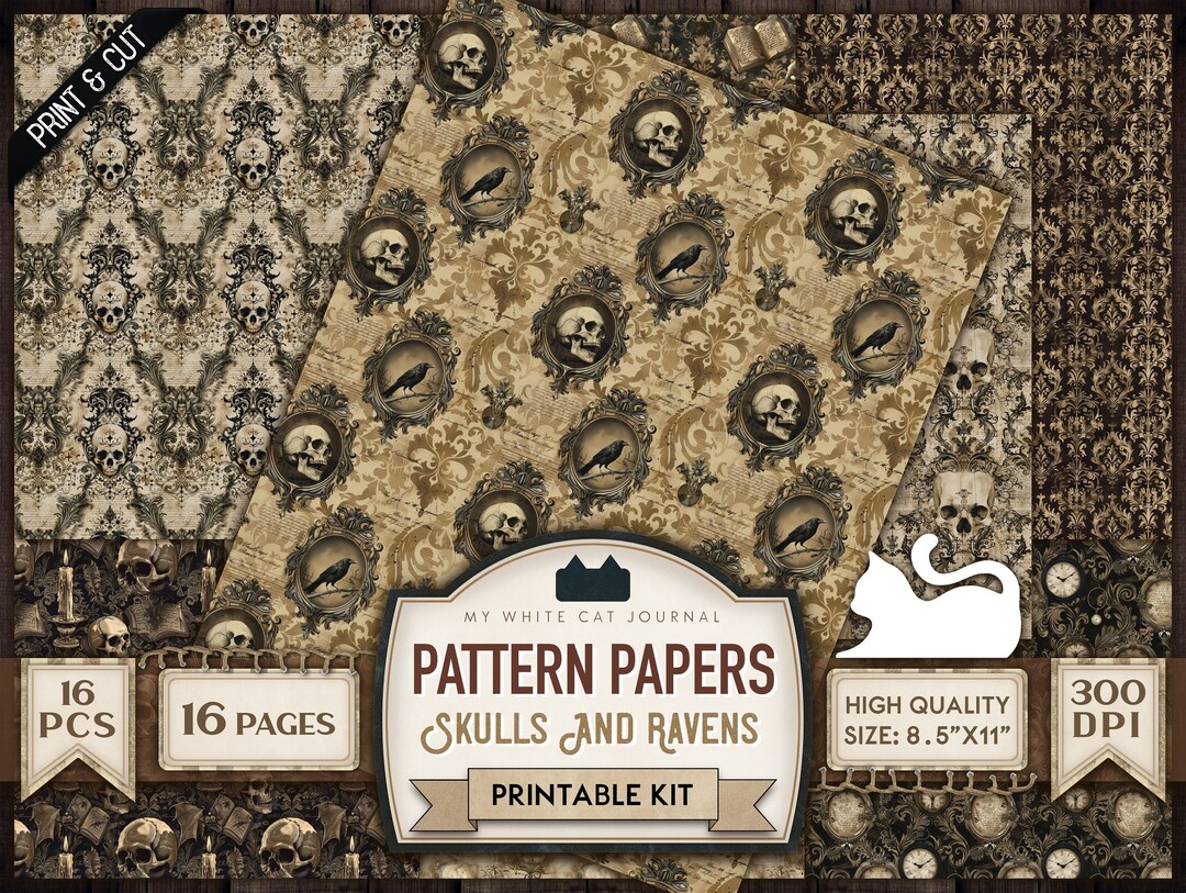 Junk Journal, Skulls and Ravens, Printable, Gothic, Pattern Papers ...