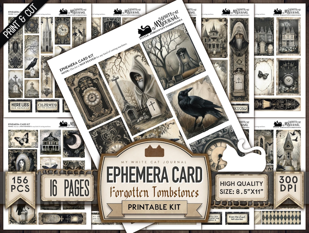 Spooky Tombstone Ephemera Cards: Monochromatic Junk Journal (digital ...
