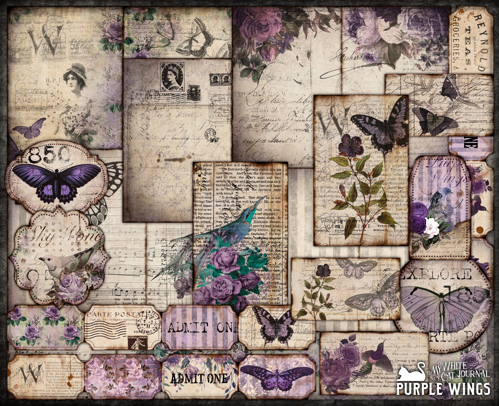 Junk Journal Kit Purple Butterfly Floral Bird Ephemera - Etsy