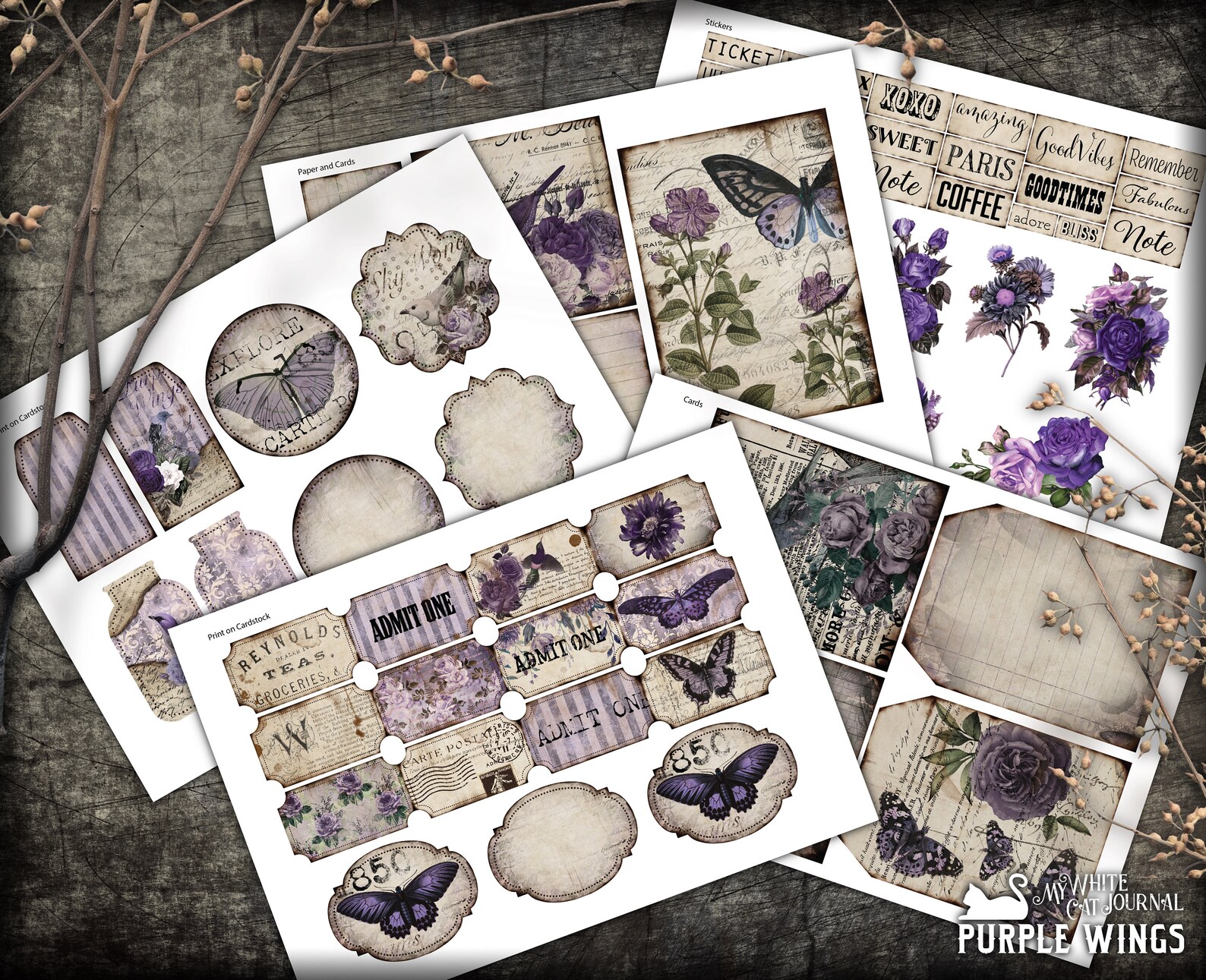Junk Journal Kit Purple Butterfly Floral Bird Ephemera - Etsy