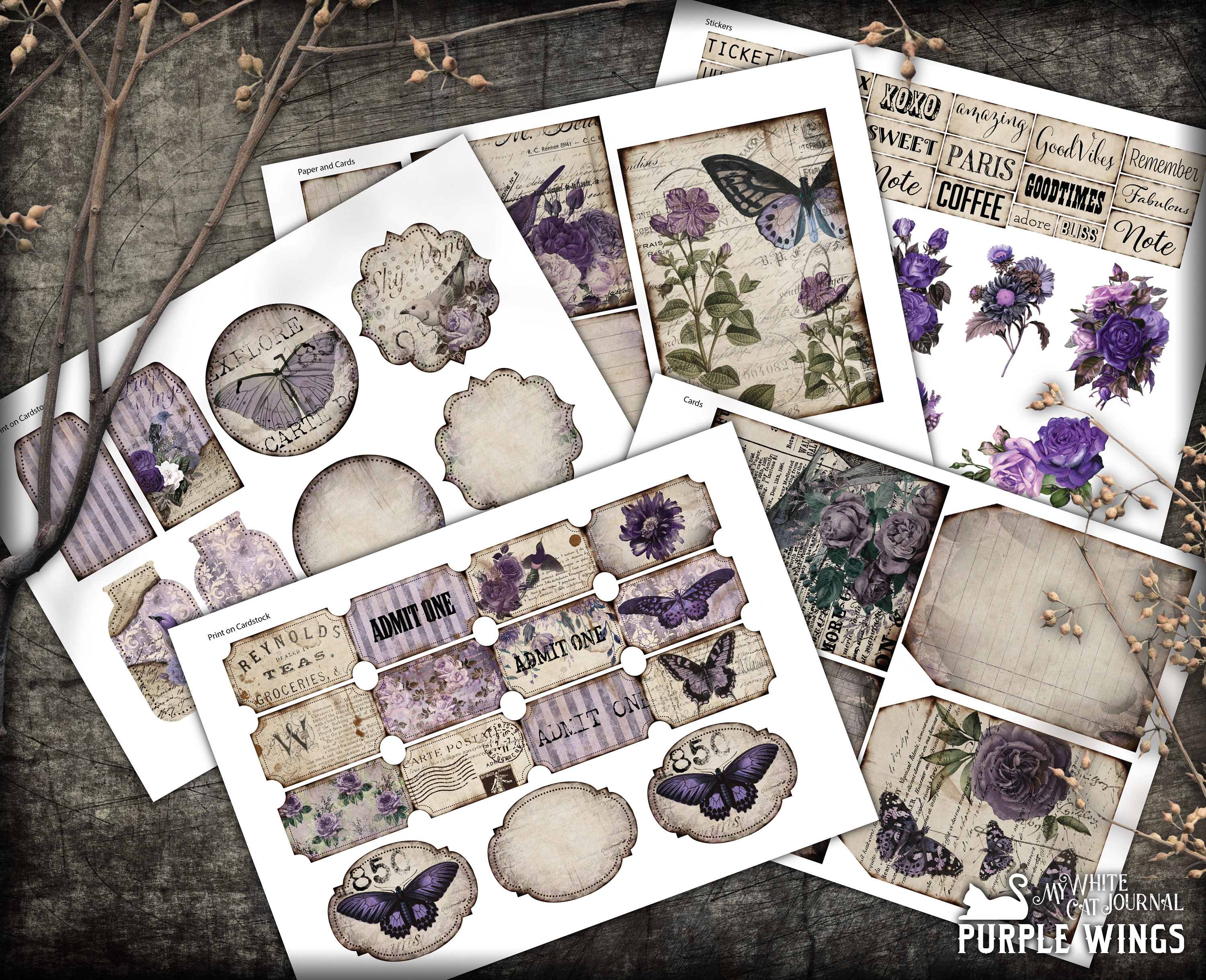 Junk Journal Kit Purple Butterfly Floral Bird Ephemera - Etsy
