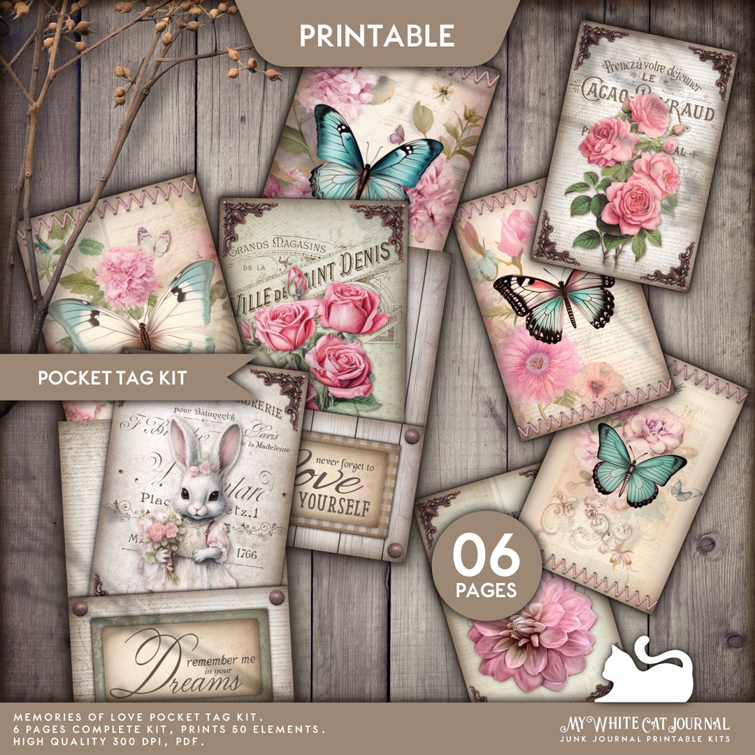 Junk Journal, Pocket Tag, Shabby Pink, Card, Memories of Love, Ephemera ...