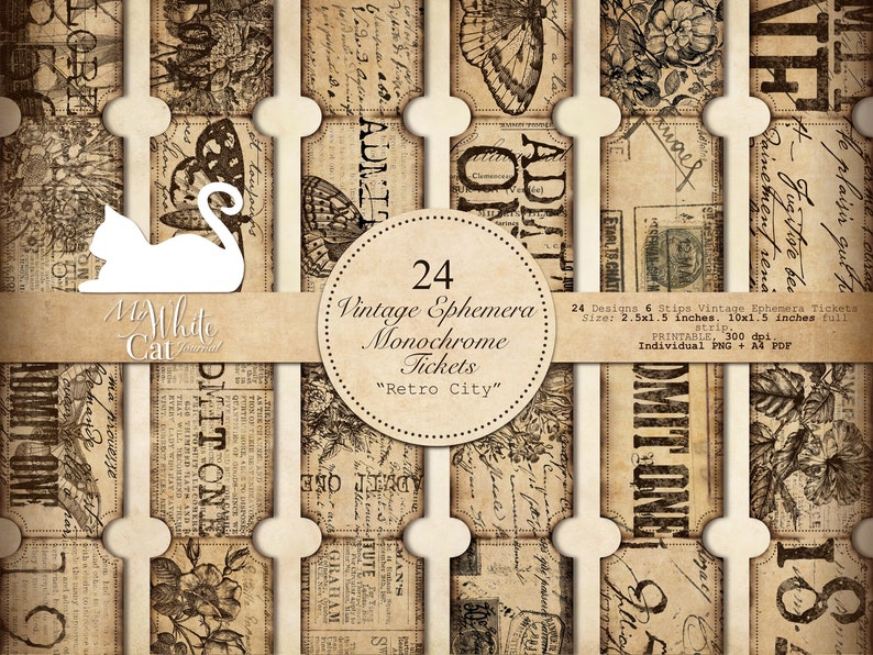 Junk Journal, Faux Ticket, Monochrome, Printable, Vintage, Ephemera ...