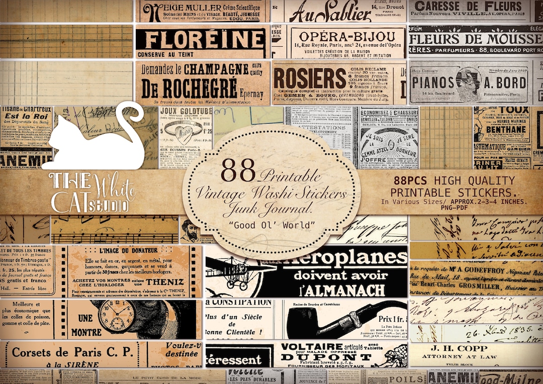 Junk Journal, Printable, Washi Tape, Ephemera, Collage Sheets, Sticker ...