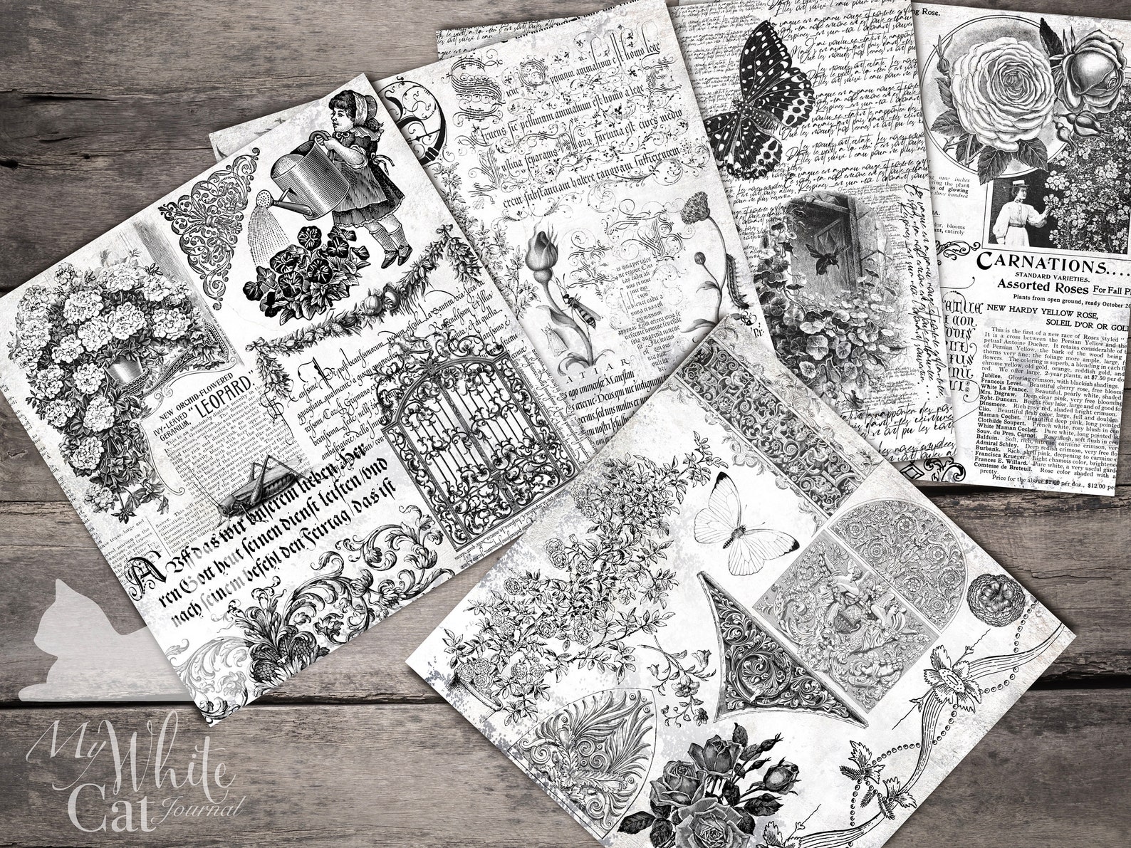 Junk Journal, Ink Saver, Stamp Papers, Collage Paper, Monochrome, Black ...
