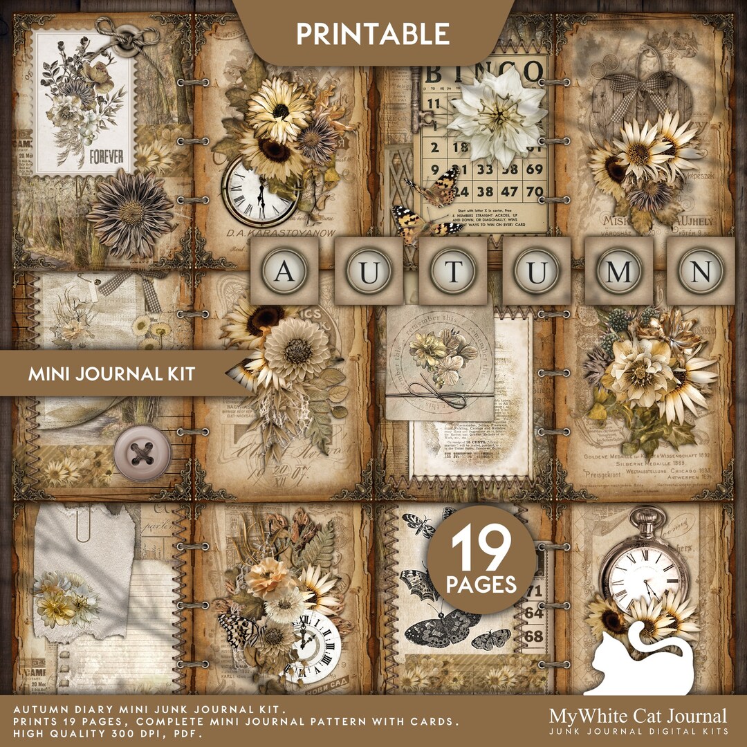 Mini Junk Journal, Autumn Diary, Neutral, Printable, Ephemera, Collage ...