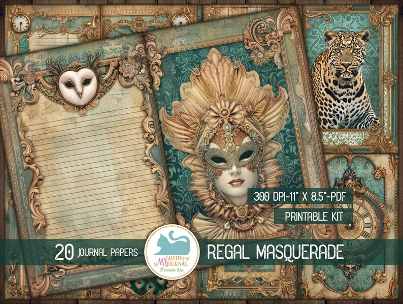 Teal Junk Journal Papers: Regal Masquerade Ephemera (digital Download ...