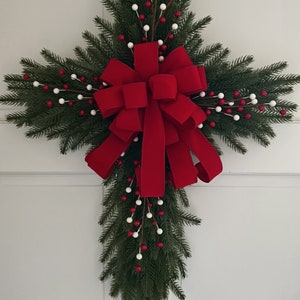 Cross Front Door Wreath With Evergreen and a Bow. Cemetery Wreath ...