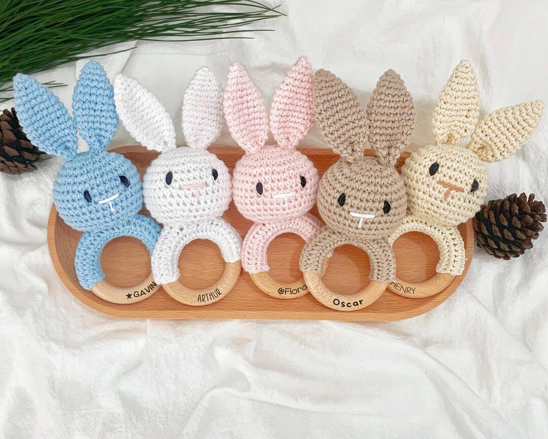 Personalized Wooden Baby Rattle Ring · Custom Engraved Animal Crochet ...