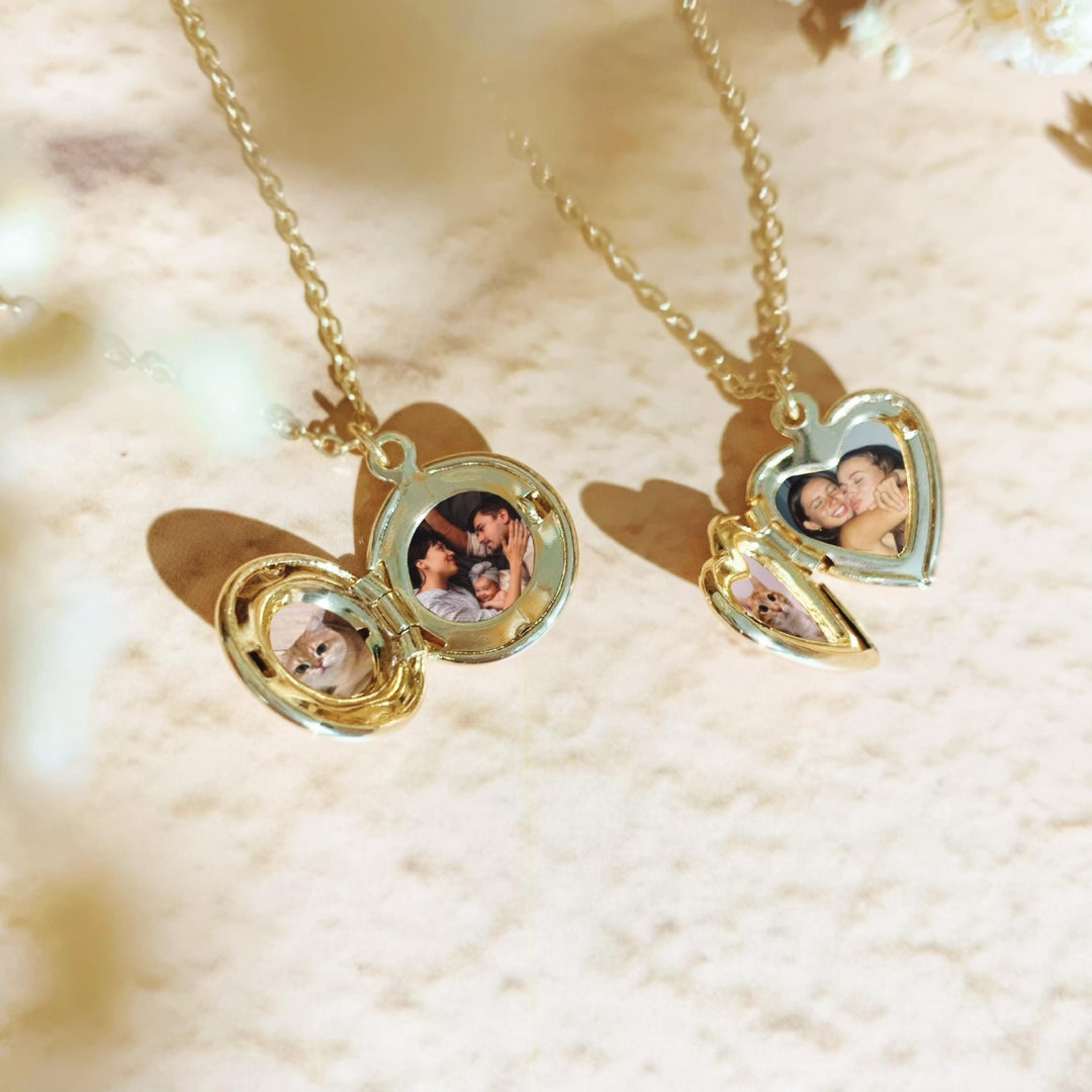 Heart Locket Necklace With Photo, Engraved Round Necklace, Photo ...
