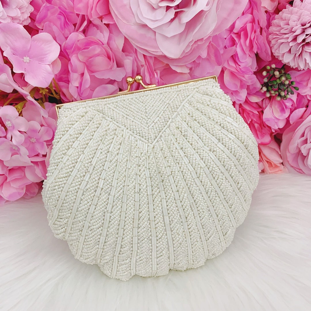 Engraved Bridal Clutch, Shell Shaped Beaded Bag, Personalized Wedding ...