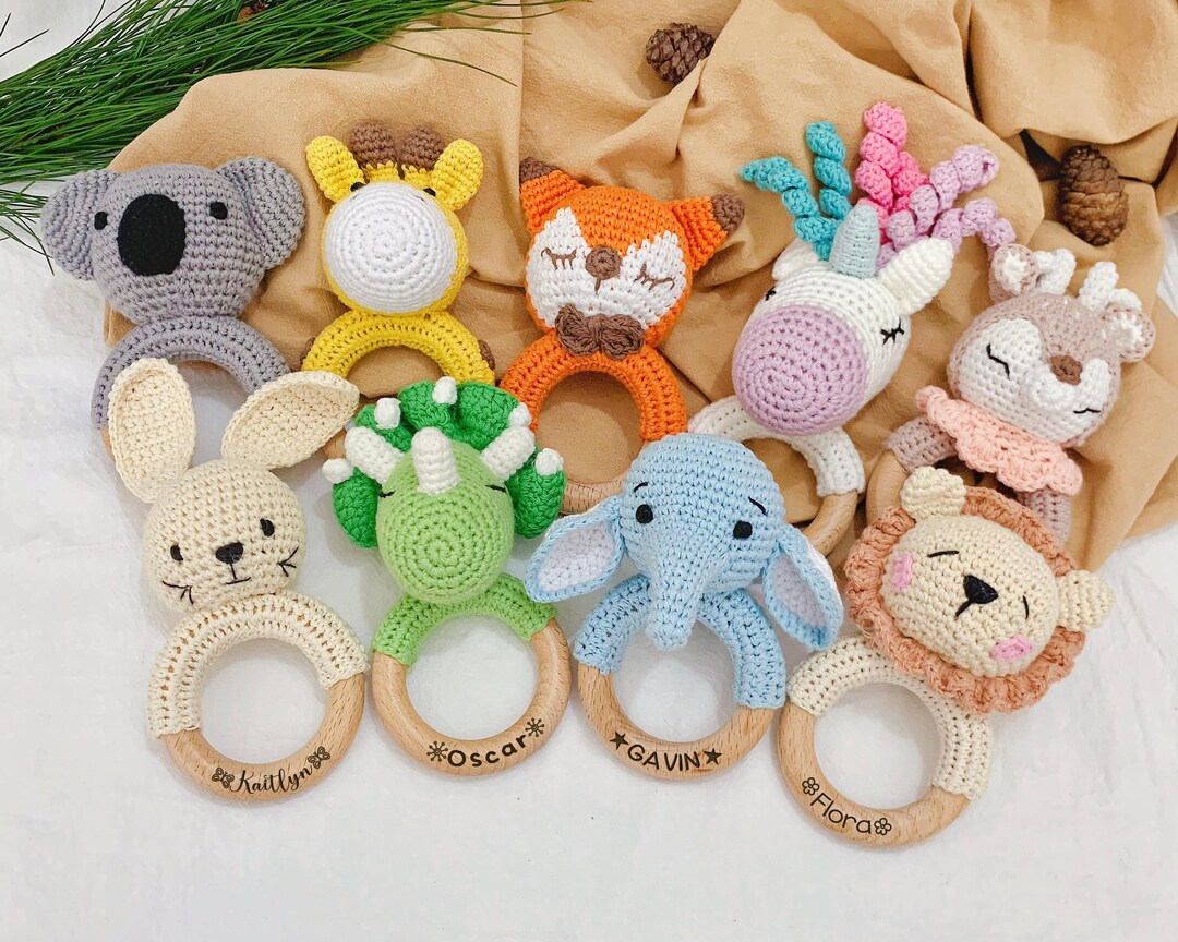 Engraved Animal Crochet Rattle With Name for Baby · Custom Wooden Baby ...