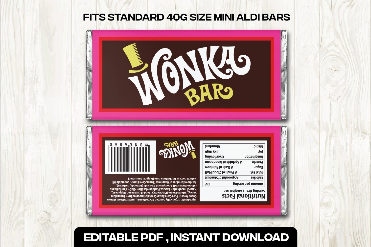 Wonka Chocolate Bar Label Digital PDF for Aldi 40g Mini Bar DIY Wrapper ...