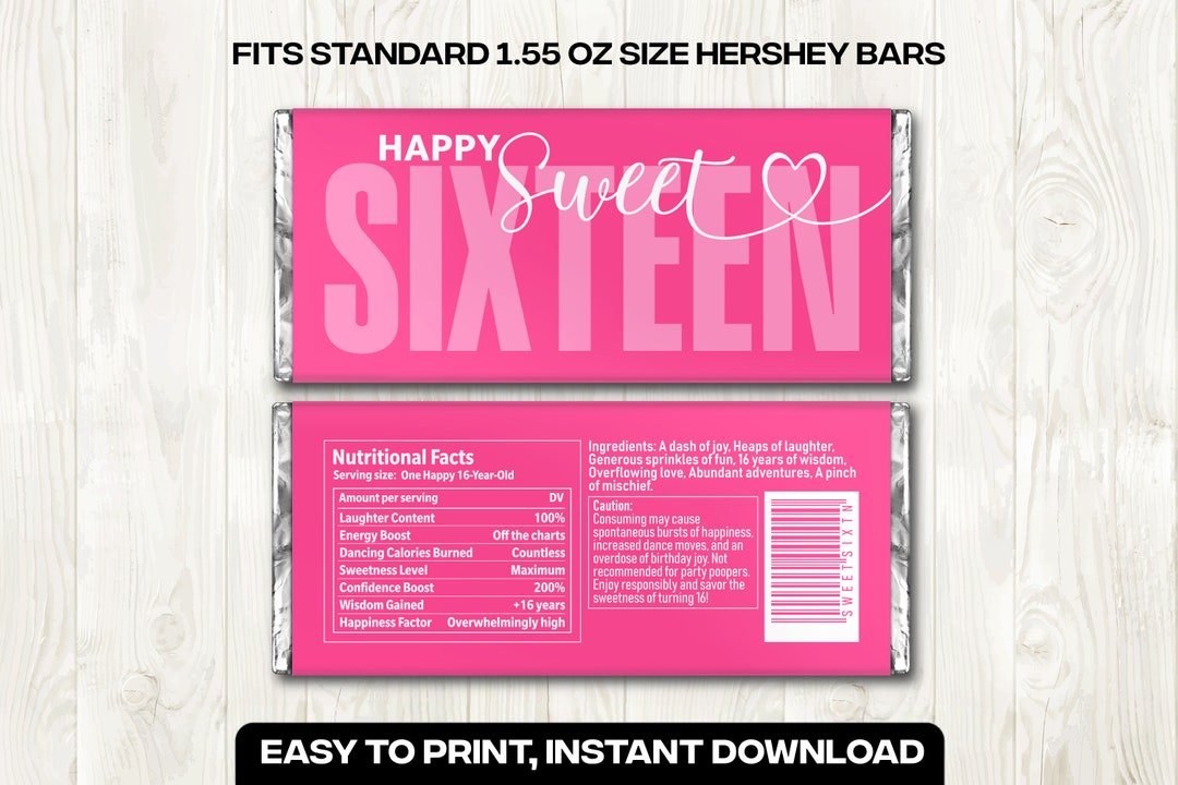 Sweet 16 Chocolate Bar Wrapper Printable Hershey's 1.55oz DIY Label ...