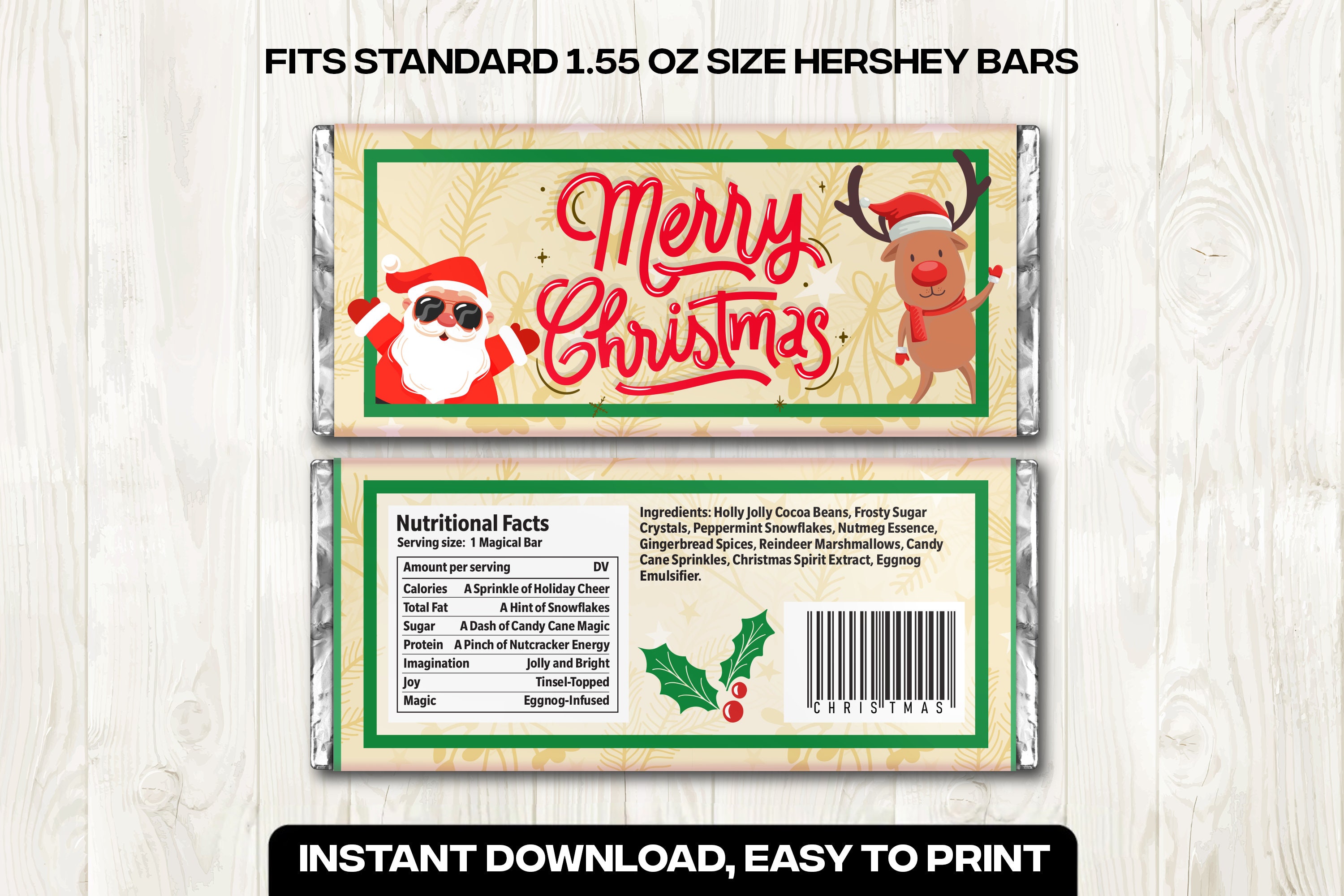 Christmas Chocolate Bar Label PDF Printout for Hershey's 1.55oz Merry ...