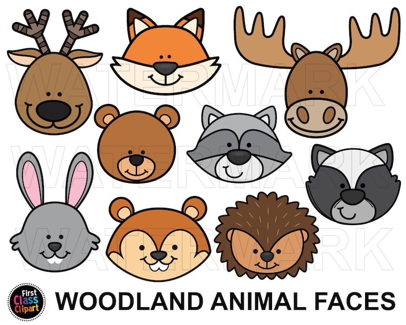 Woodland Animal Faces, Fox, Squirrel, Moose, Hedgehog, Bear, Rabbit ...