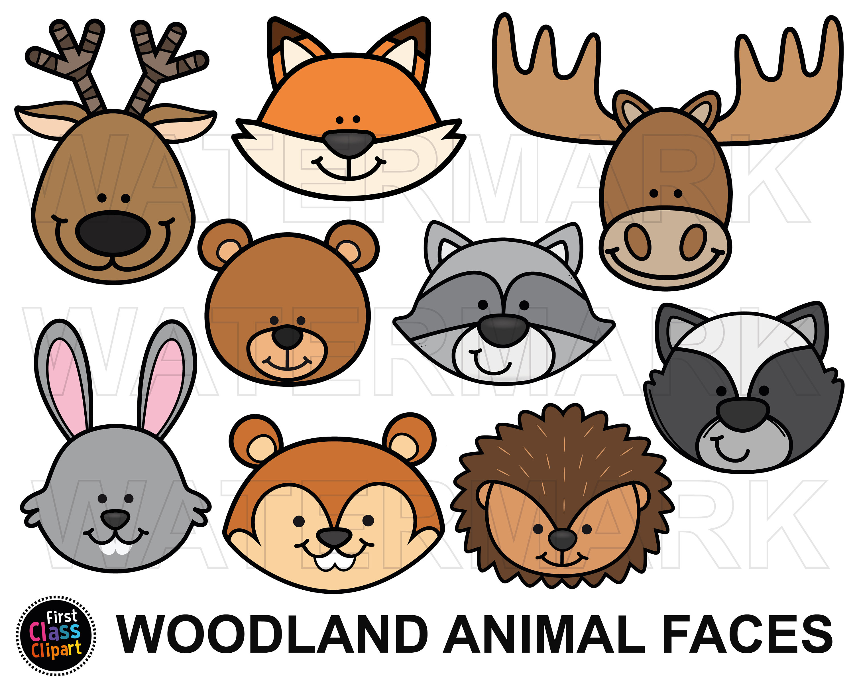 Woodland Animal Faces, Fox, Squirrel, Moose, Hedgehog, Bear, Rabbit ...