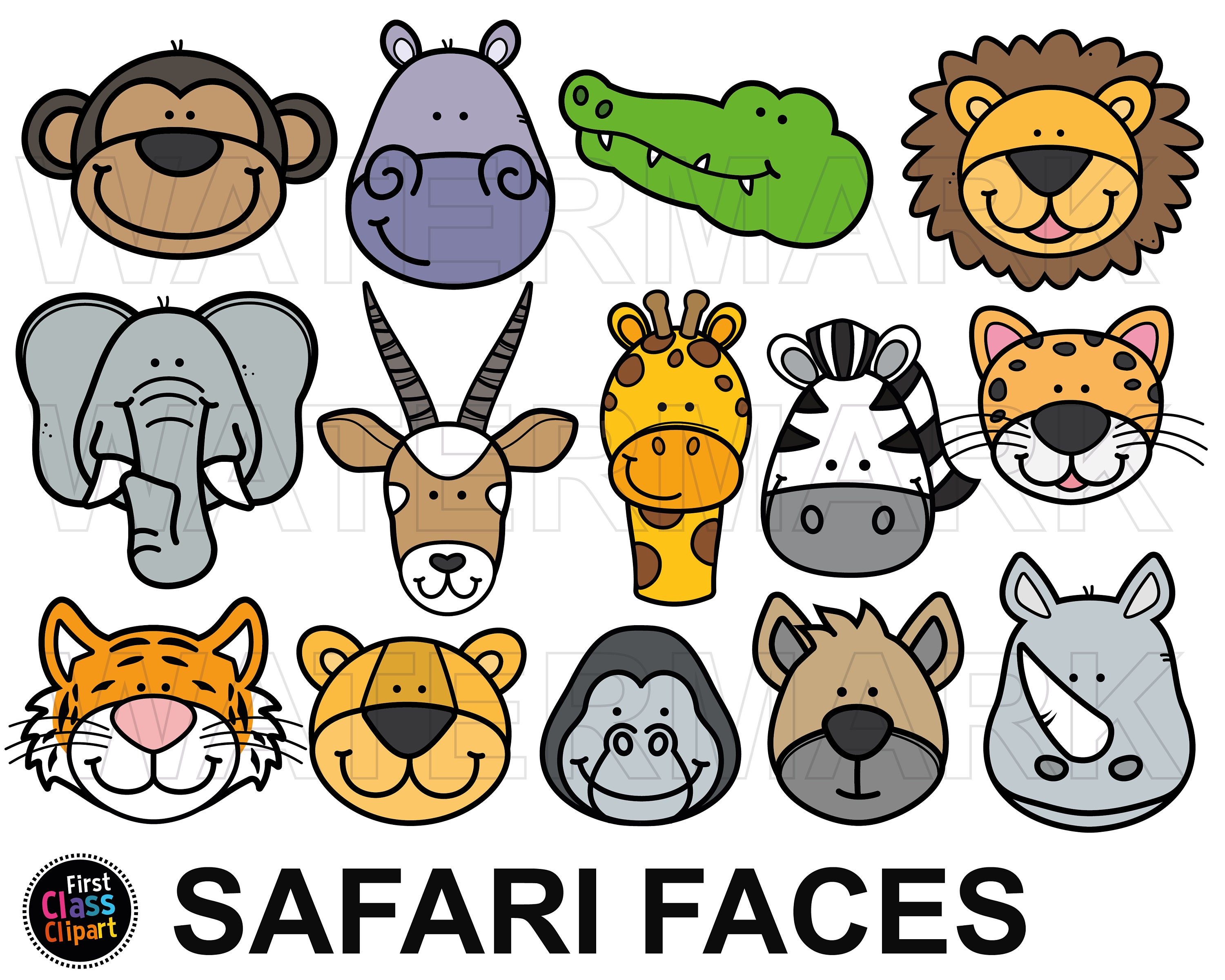 Safari Animal Faces Clipart, Lion, Tiger, Elephant, Monkey, Leopard ...