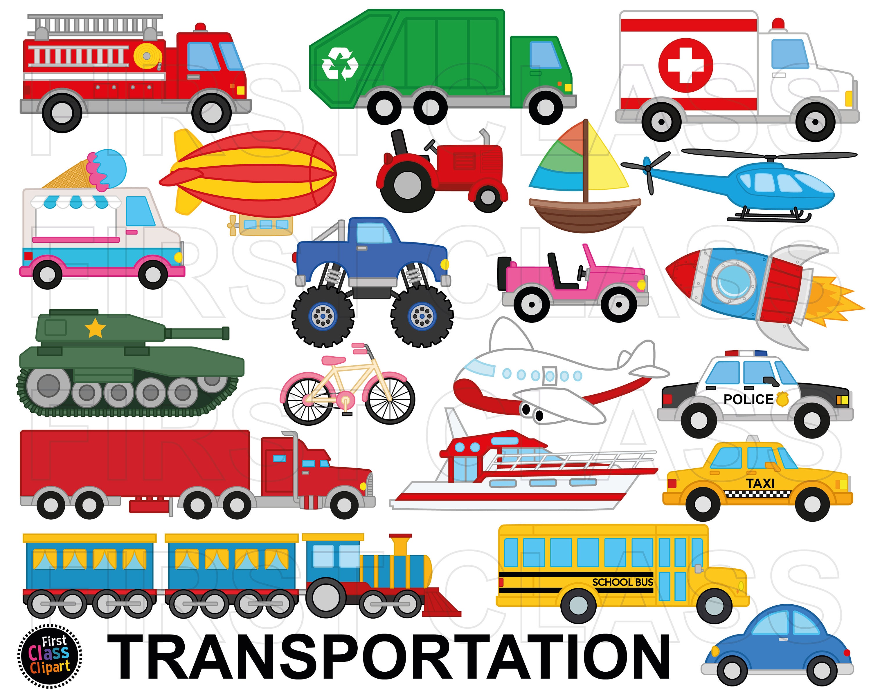 Transportation Clipart, Police, Truck, Taxi, Fire Truck, Garbage Truck ...