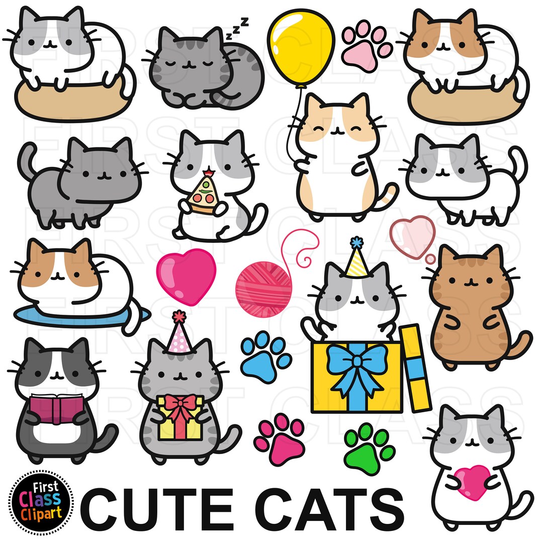 Cute Cat Clipart, Kawaii Cat Clipart, Birthday Cats Clipart, Small ...