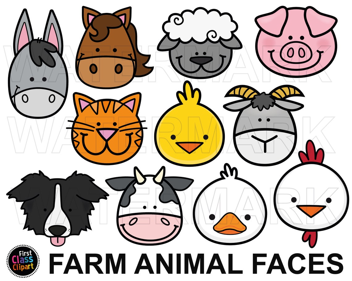 Farm Animal Faces Clipart, Dog, Cow, Chicken, Goat, Sheep, Pig, Duck ...