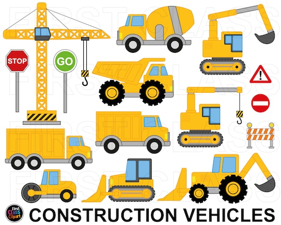 Construction Vehicles Clipart Truck Bulldozer Lorry Crane | Etsy