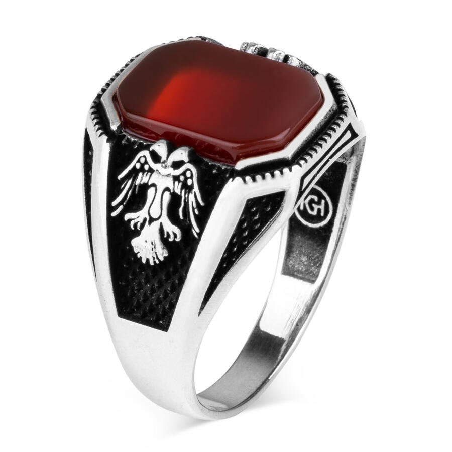 Seljuk the Great Double Headed Eagle Motif Red Onyx Stone Sterling ...