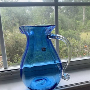 Blenko Handmade Glass Pitcher Cobalt Blue With Clear Handle 10" With ...