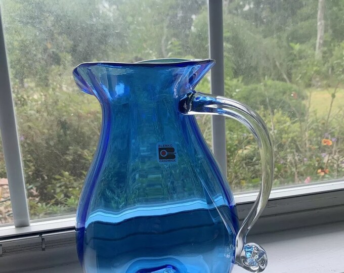Blenko Handmade Glass Pitcher Cobalt Blue With Clear Handle 10" With ...