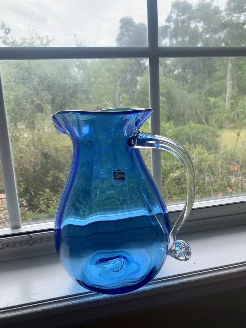 Blenko Handmade Glass Pitcher Cobalt Blue With Clear Handle 10" With Blenko Sticker Vintage New ...