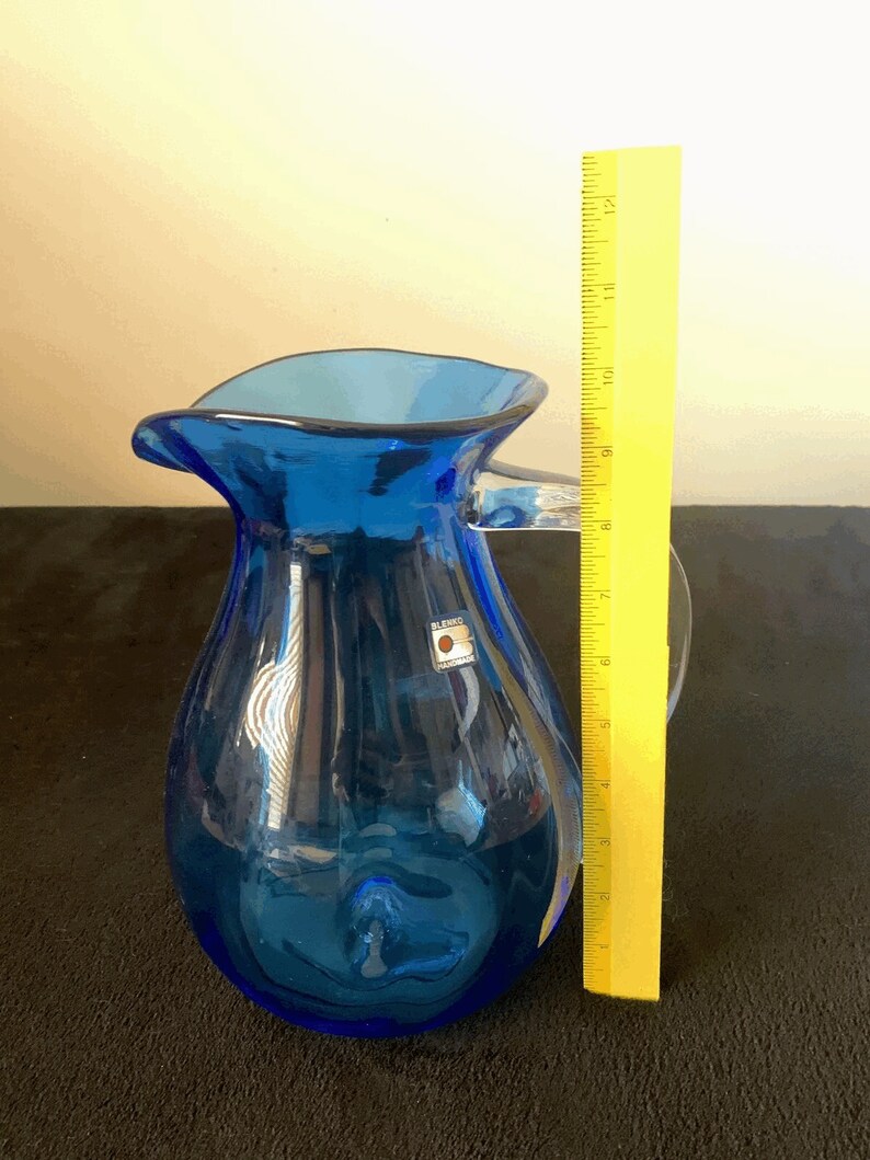 Blenko Handmade Glass Pitcher Cobalt Blue With Clear Handle 10" With Blenko Sticker Vintage New ...