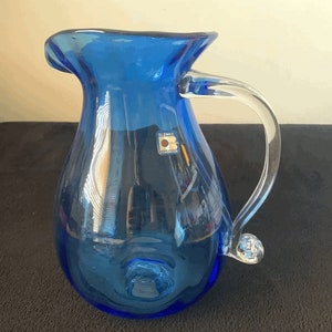 Blenko Handmade Glass Pitcher Cobalt Blue With Clear Handle 10" With ...