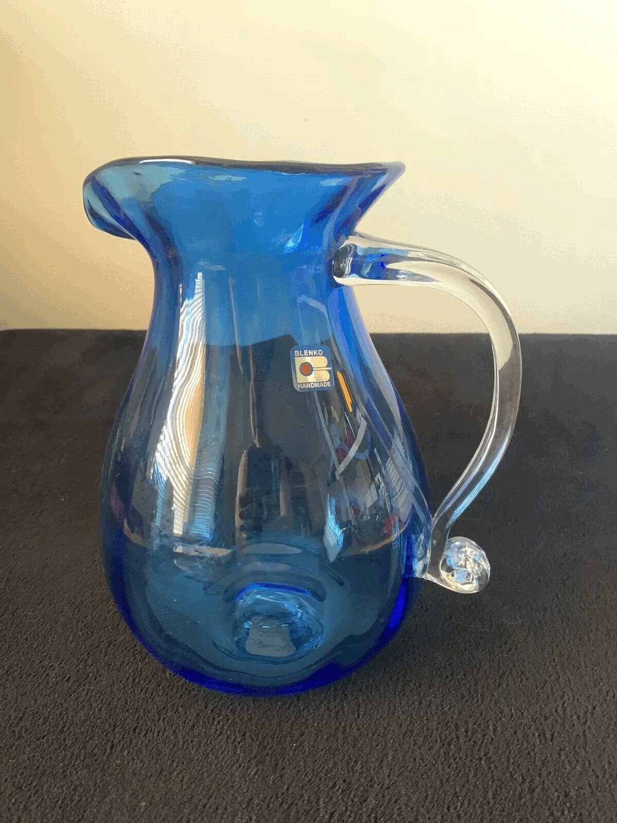 Blenko Handmade Glass Pitcher Cobalt Blue With Clear Handle 10" With ...