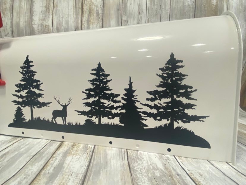 Deer in the Woods - White Mailbox With Black Pine Forest Silhouette - Etsy