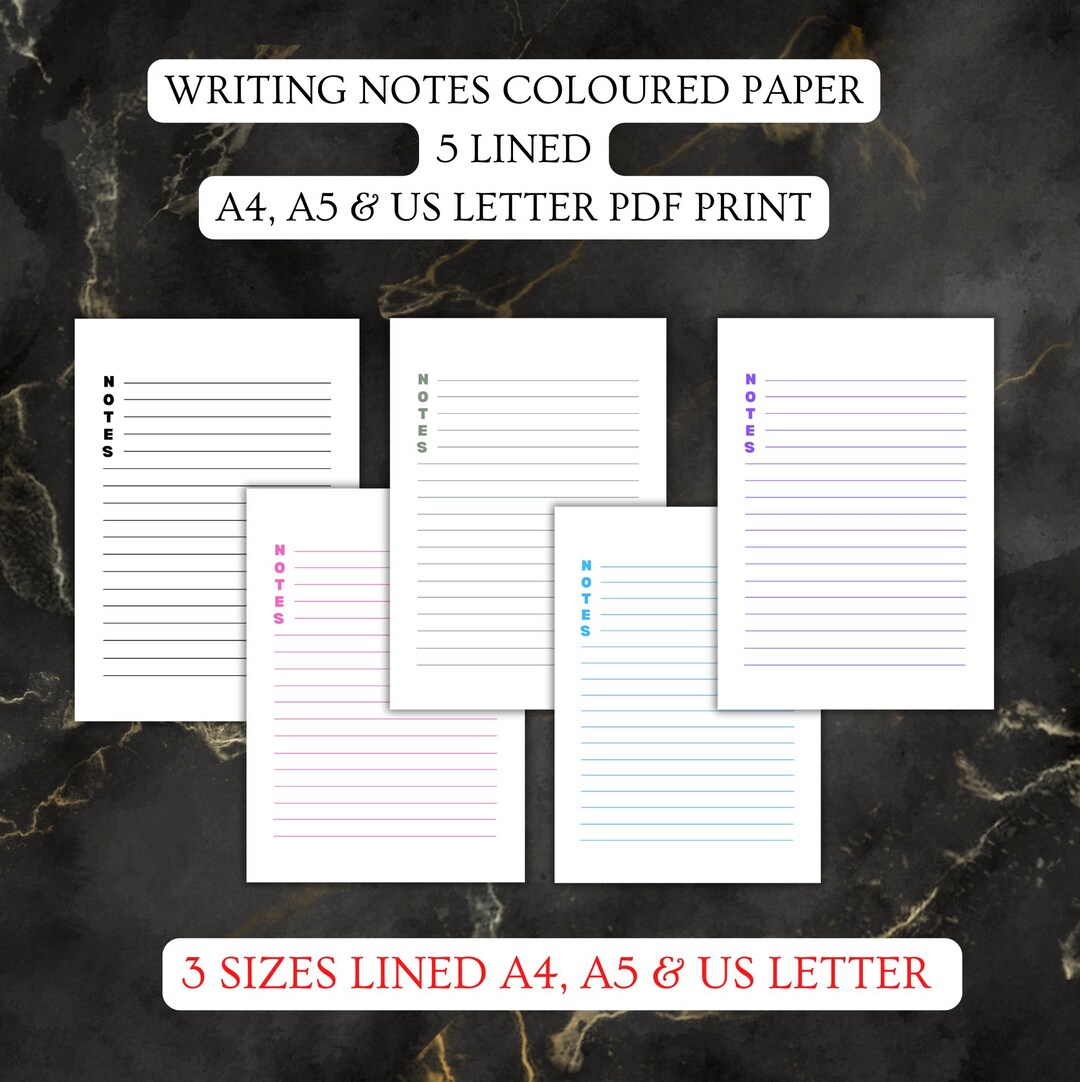 Writing Notes Coloured Lines A4, A5 & US Letter Plain Writing Paper ...
