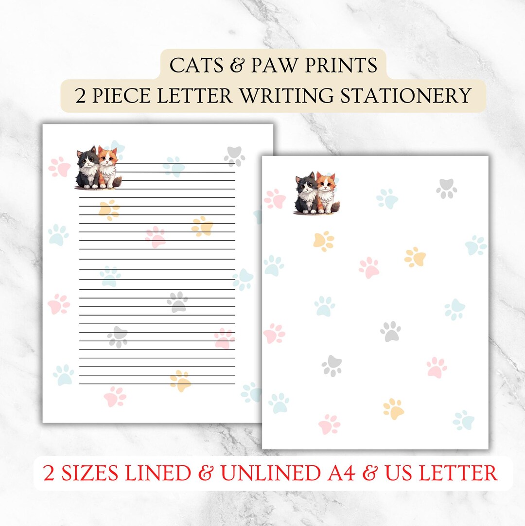 Cats and Paw Print A4 & US Letter Plain Writing Paper | Cats Stationery ...