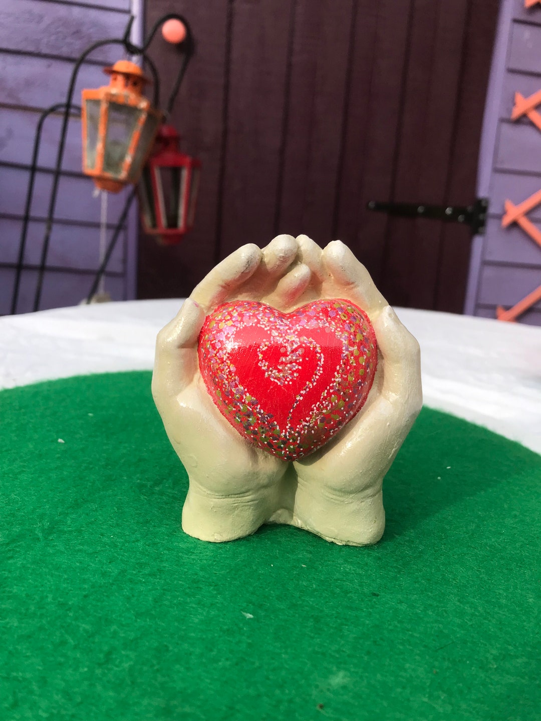 Bespoke Handmade Concrete Hand Painted Heart in Hands Garden or Home ...
